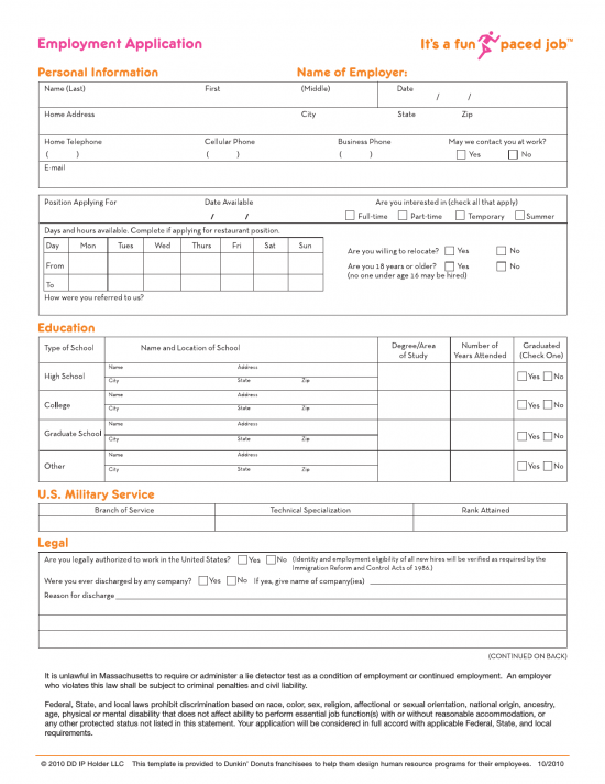 Download Dunkin Donuts Job Application Form- Careers | PDF ...