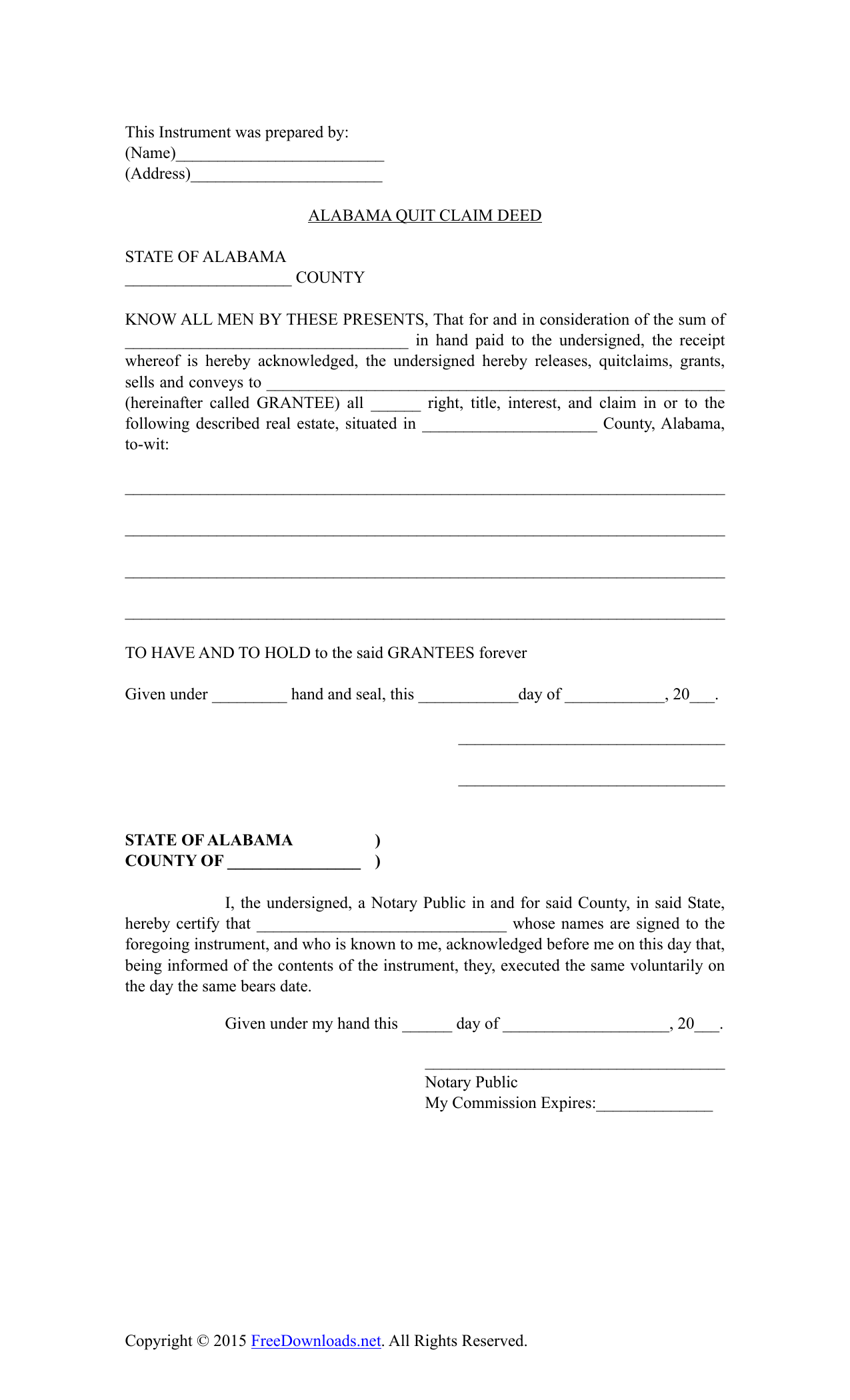 Download Alabama Quitclaim Deed Form PDF RTF Word FreeDownloads