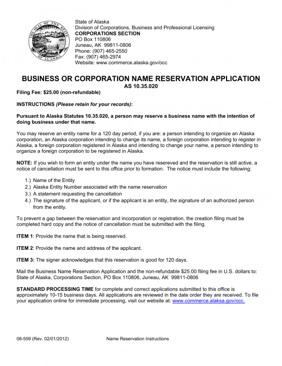Download Alaska Business Entity/Corporation Name Reservation | Form ...