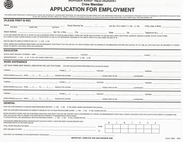 Download Burger King Job Application Form – Careers | PDF ...