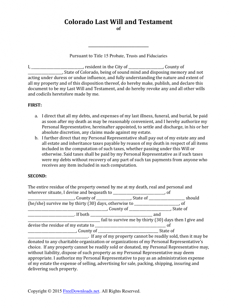 Download Colorado Last Will and Testament Form | PDF | RTF | Word ...