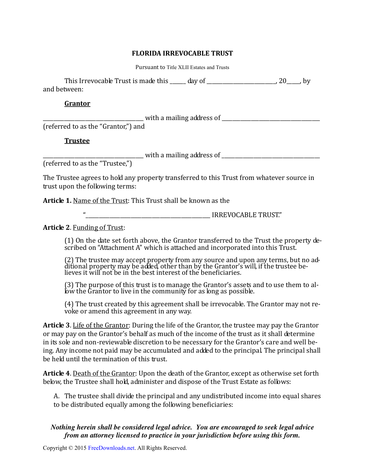 Download Florida Irrevocable Living Trust Form PDF RTF Word 