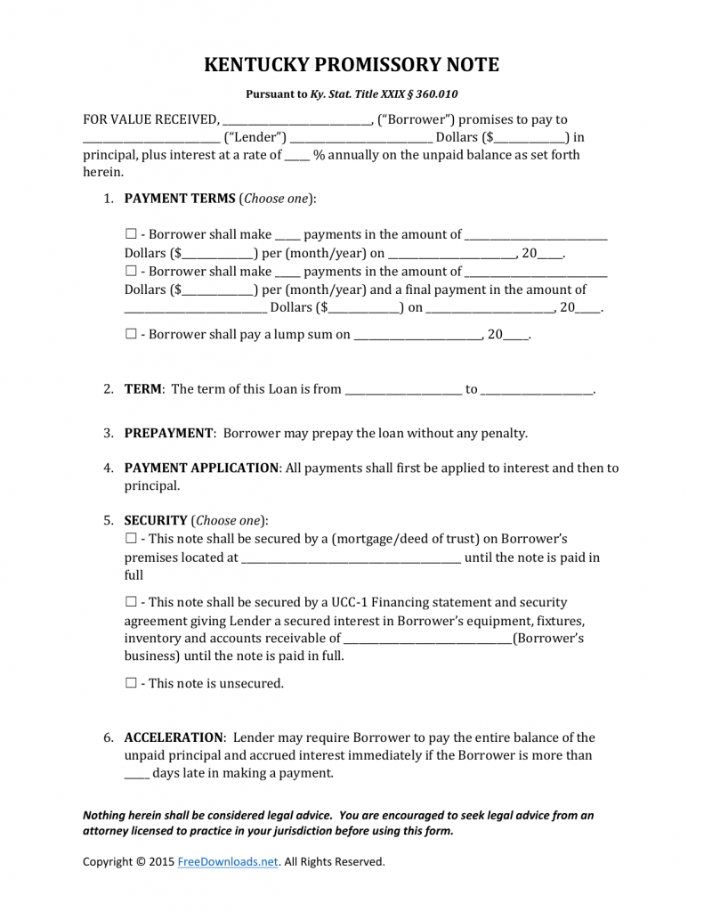 Promissory Note Template Kentucky