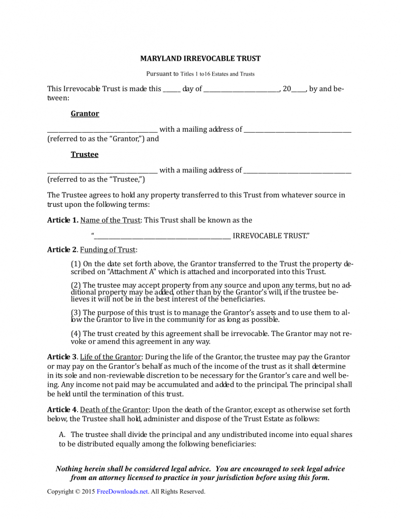 Download Maryland Irrevocable Living Trust Form PDF RTF Word 
