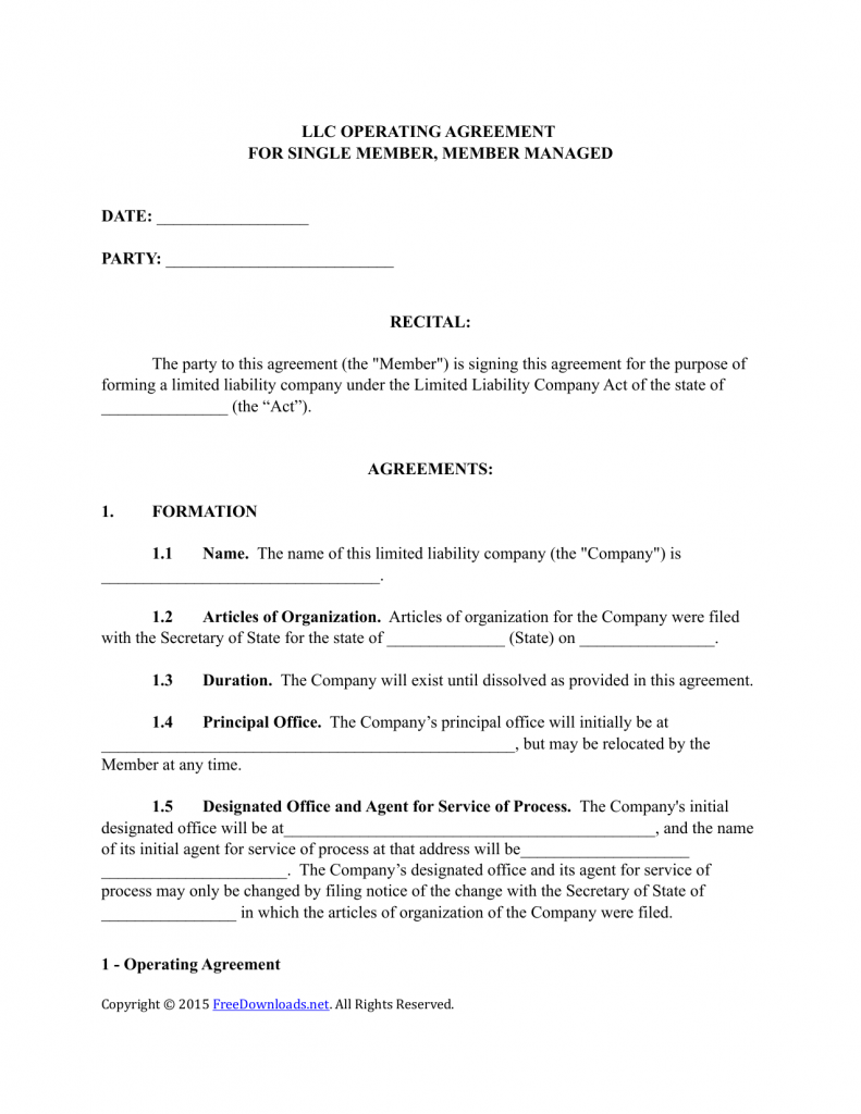 Download Single Member LLC Operating Agreement Template PDF RTF 