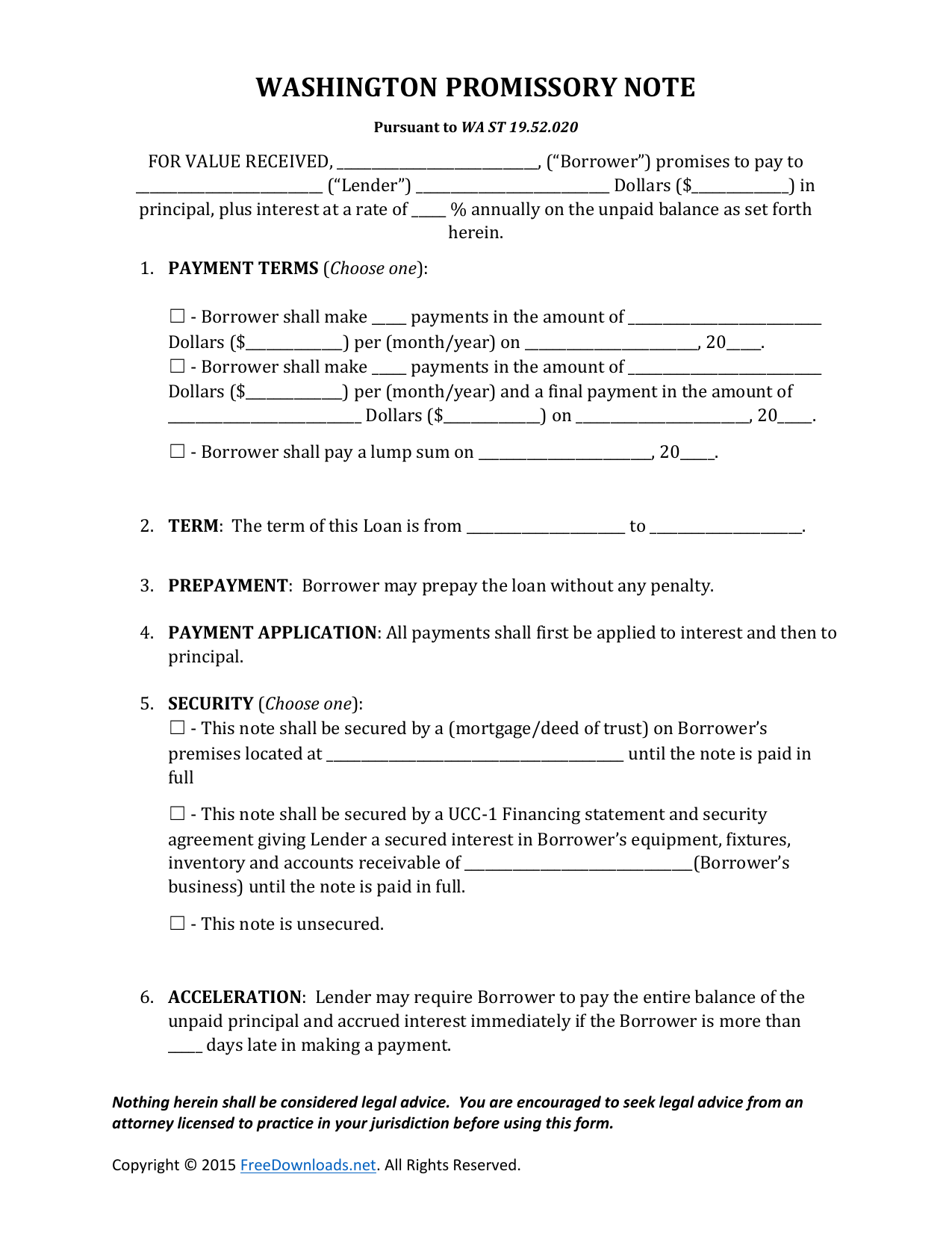Download Washington Promissory Note Form PDF RTF Word 